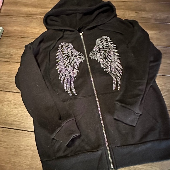 SHEIN | Tops | Shein Black Rhinestone Angel Wings Zip Up Hoodie Sz S ...